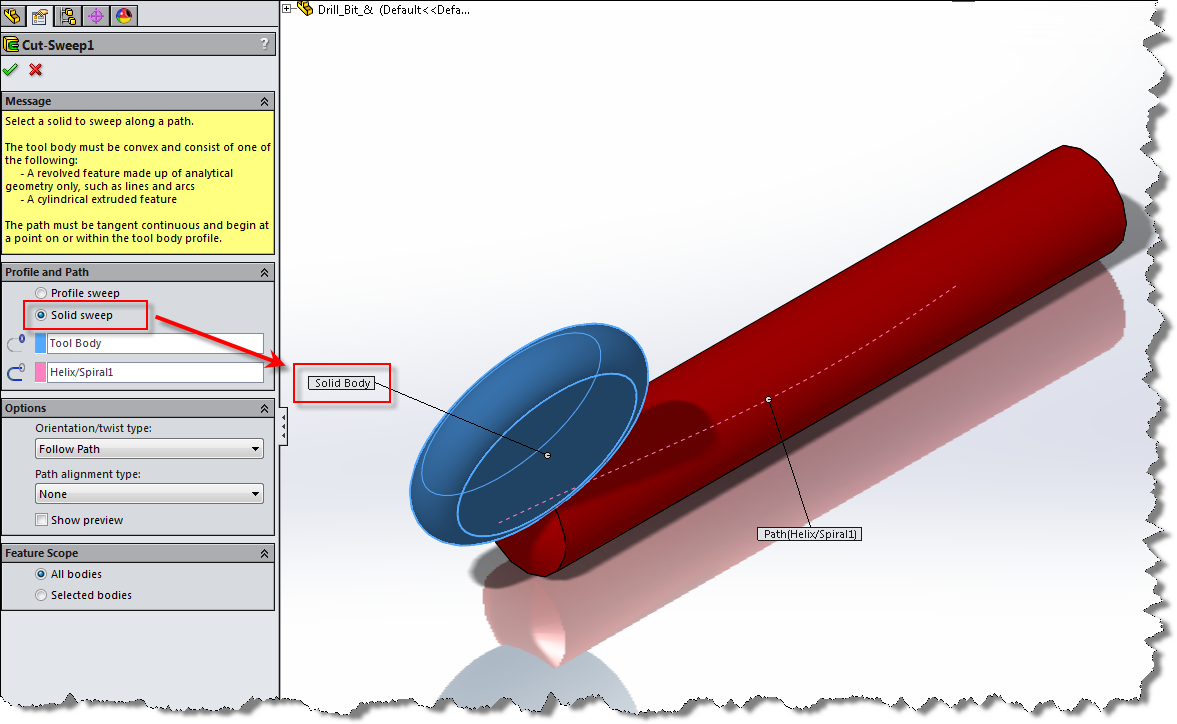 Using a Tool Based Swept Feature